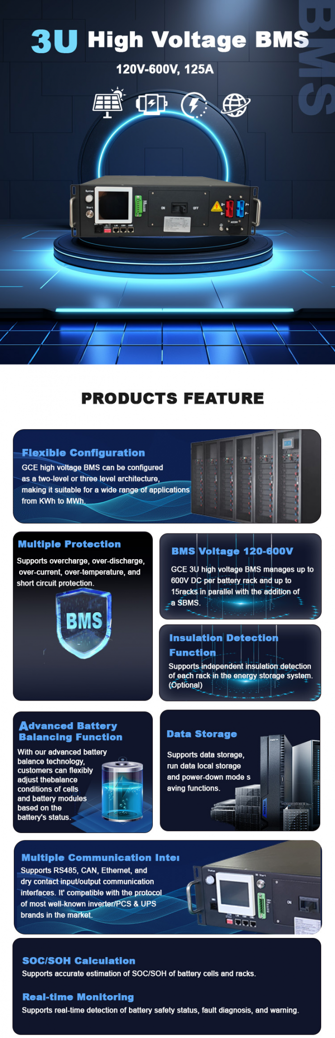 ESS BMS High Power Battery Management System 125A 240V RBMS With Li-Ion Cell Balance Pack Use ...